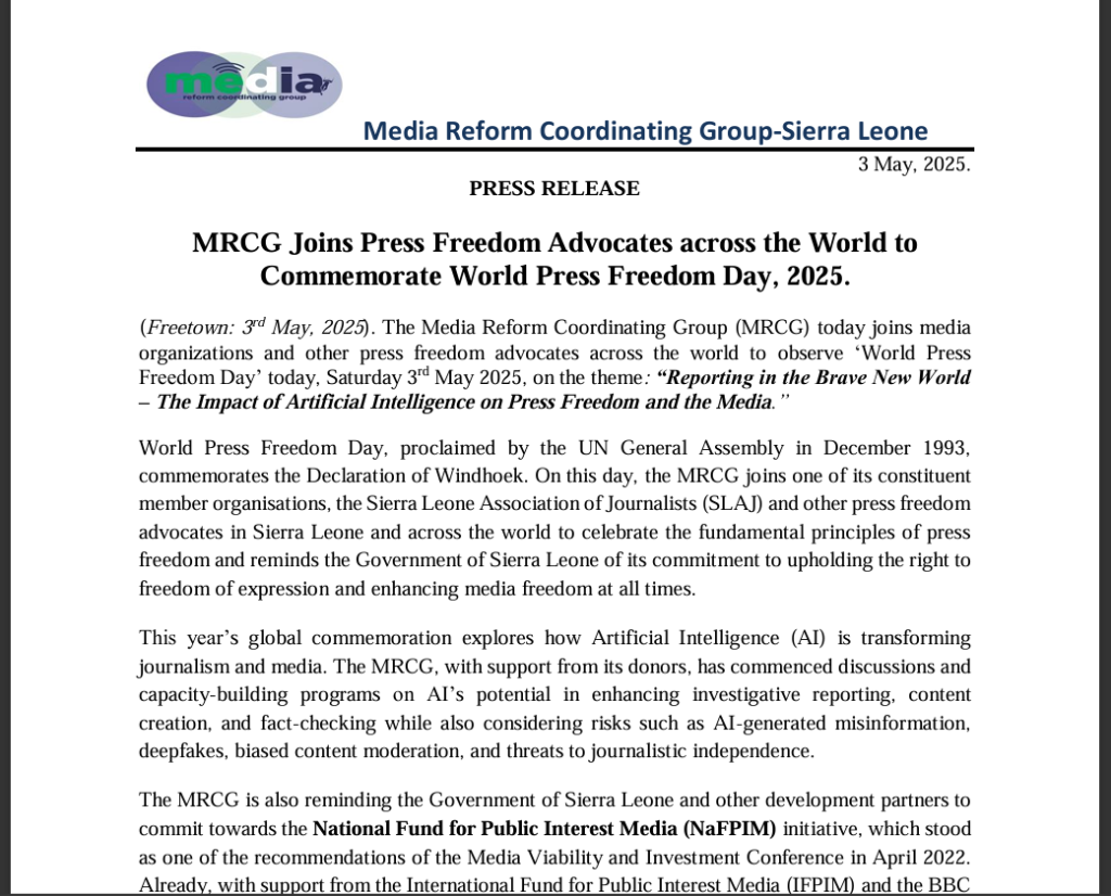 World Press Freedom Day 2025 – Media Reform Coordinating Group Sierra Leone